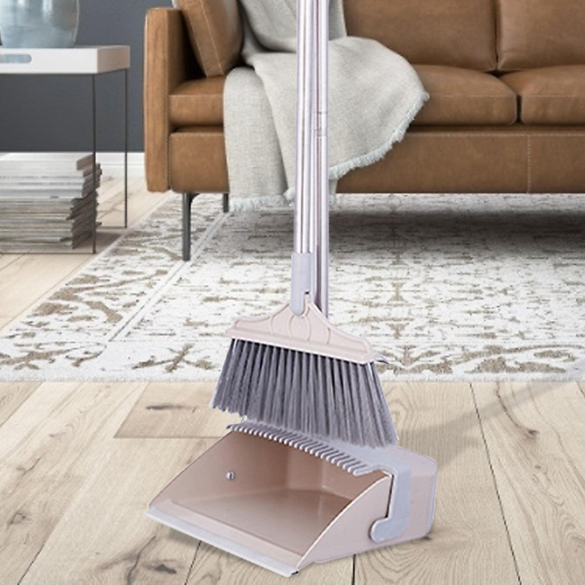 Broom and Dustpan, Adjustable Floor Broom and Garbage Container Set, Upright Stand Up Dustpan with Broom, for Cleaning, Home Kitchen Lobby Floor