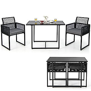 Tangkula 3 Pieces Outdoor Dining Set, Patio PE Rattan Furniture Set with Folding Backrest, Cozy Seat Cushions, Tempered Glass Tabletop, Space-Saving Rattan Chair Table Set for Backyard, Poolside