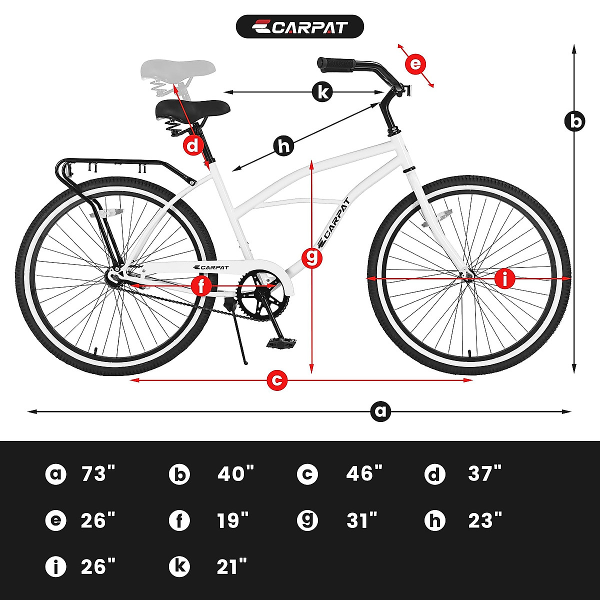 Toolmoo 26 Inch City or Beach Cruiser Bike Coaster Brake for Women Men White Free Return