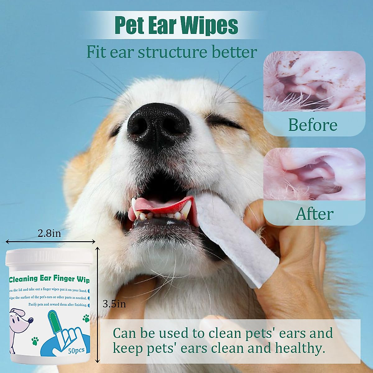 Qiveaory Pet Ear Wipes Kit Cat and Dog Ear Cleaner Wipes Multipurpose Grooming 50Pcs Finger Wipes+150Pcs Cleansing Pads+56Pcs Gourd Shaped Cotton Swabs Odor Control Reduce Dirt and Itch Relief