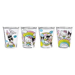 Silver Buffalo Sanrio Hello Kitty and Friends Rainbow Featuring Badtz-Maru, My Melody, Cinnamoroll, Kuromi, Little Twin Stars, Pochacco, Keroppi, Tuxedo Sam, and Chococat 4 Pack Mini Glass Set, 1.5oz