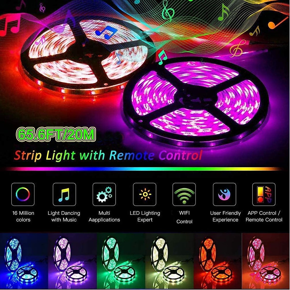 LuxLumin LED Strip Lights,65.6ft LED Light Strip with Remote, Music Sync WiFi APP Control Color Changing Light Strip, RGB LED Strip Lights for Bedroom,Work with Amazon Alexa Google Assistant
