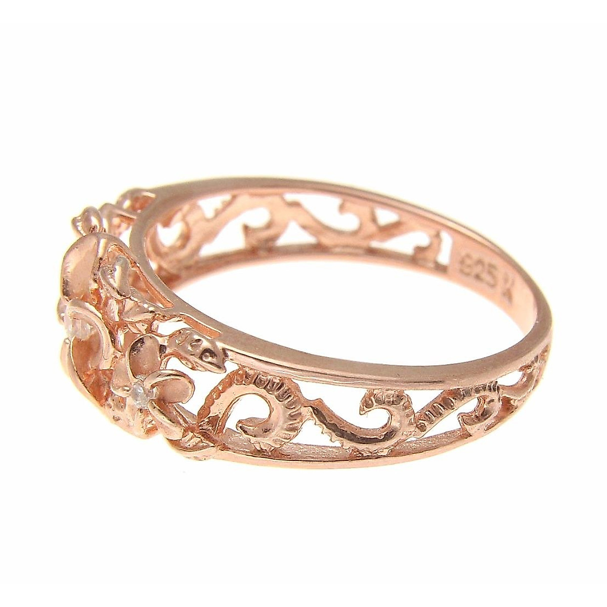 Arthur's Jewelry Rose pink gold plated silver 925 Hawaiian 3 plumeria flower cz ring maile cut out scroll size 4.5