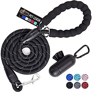 Gorilla Grip Heavy Duty Dog Leash, Soft Handle, Strong Reflective Rope for Night Walking, Small Medium Large Dogs, Durable Puppy Training Leashes, Rotating Metal Clip, Waste Bag Dispenser, Black