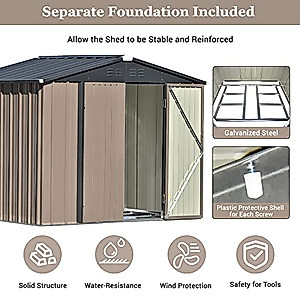 INLIFE Patio 8ft x6ft Bike Shed Garden Shed, Metal Storage Shed with Lockable Doors, Tool Cabinet with Vents and Foundation Frame for Backyard, Lawn, Garden, Brown