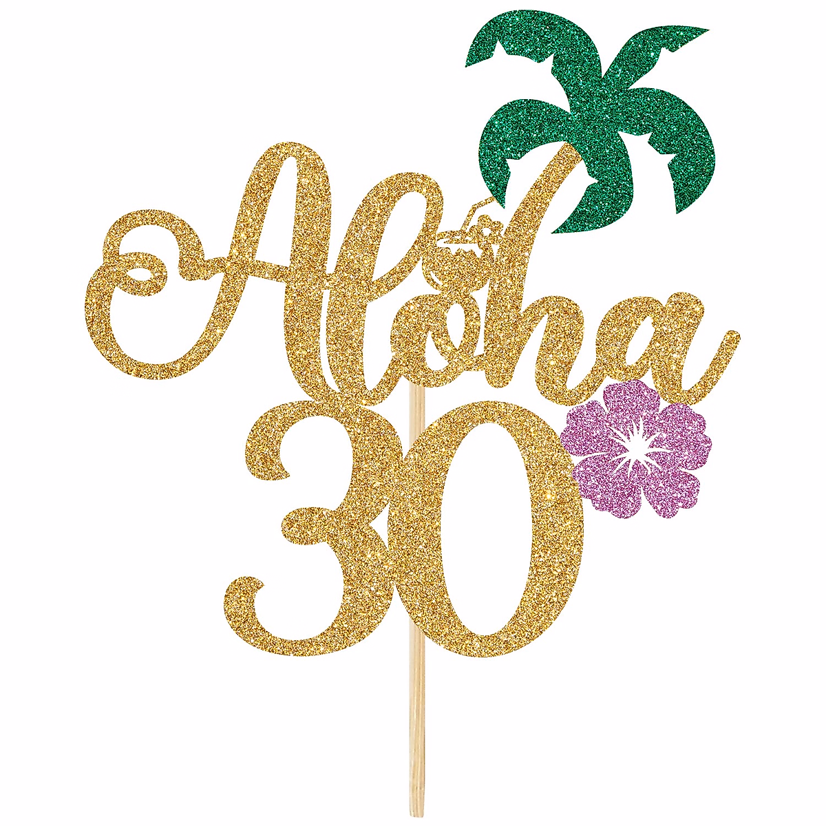 Gold Glitter Aloha 30 Cake Topper, Hello 30/Cheers to 30 Years/Happy 30th Birthday/Anniversay, Tropical Hawaiian Themed 30th Anniversary/Birthday Party Decorations