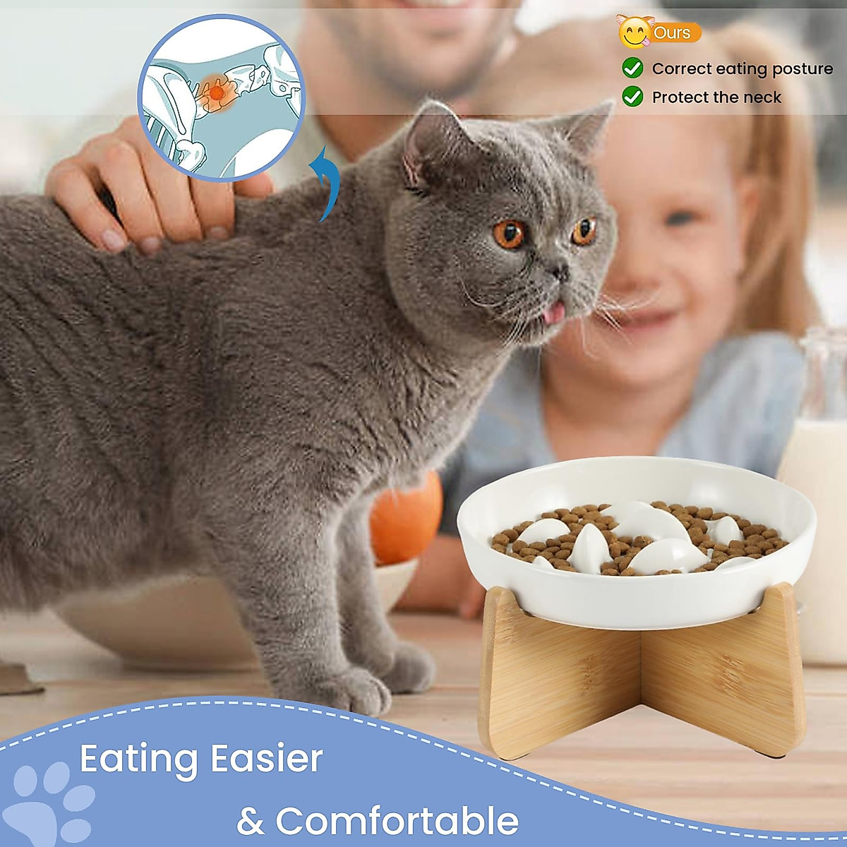 JuWow Elevated Ceramic Cat Slow Feeder Bowl, Anti Gulping Healthy Eating Diet Pet Food Bowl, Non-Slip Whale Shape Design and Raised Rim Spill Proof Slow Bowl for Kitten(Ceramic&White)