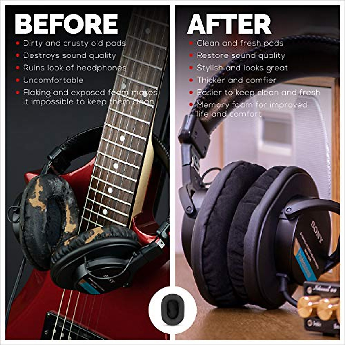 BRAINWAVZ Replacement Micro Suede Earpads for Sony MDR 7506, V6, CD900ST, Memory Foam Ear Pad & Suitable for Other On Ear Headphones, Micro Suede Black