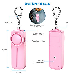 Safety Keychain Set for Women and Kids, 4 Pcs Safety Keychain Accessories, Self Defense Keychain Set for Girls with Safe Sound Personal Alarm, No Touch Door Opener, Whistle and Bottle Opener, Pink