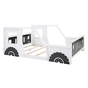 MERITLINE Kids Floor Bed Full Car-Shaped Platform Bed with Wheels, Wooden Full Bed Frames with Doors and Windows, Full Car Bed with Slat Support for Kids Boys Girls, White