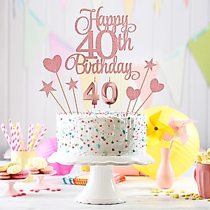 Lecferrarc 40th Birthday Cake Decorations, 40th Birthday Candles Cake Numeral Candles and Glitter Happy 40th Birthday Cake Toppers Set for Birthday Party Supplies (Rose Gold)