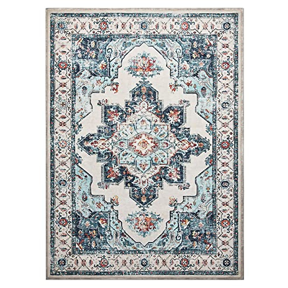 Area Rug Living Room Rugs: 8x10 Washable Large Carpet Boho Oriental Persian Distressed Bohemian Non-Slip Area Rugs for Dining Room Farmhouse Bedroom Office Home Decor Cream/Blue