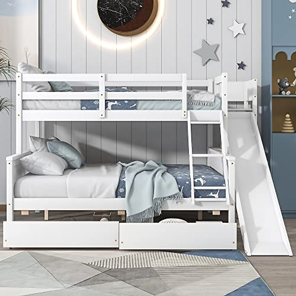 GLORHOME Twin Over Full Bunk Bed,Wooden Bunk Bed, Bunk Bed with Drawers,Slide,Grey