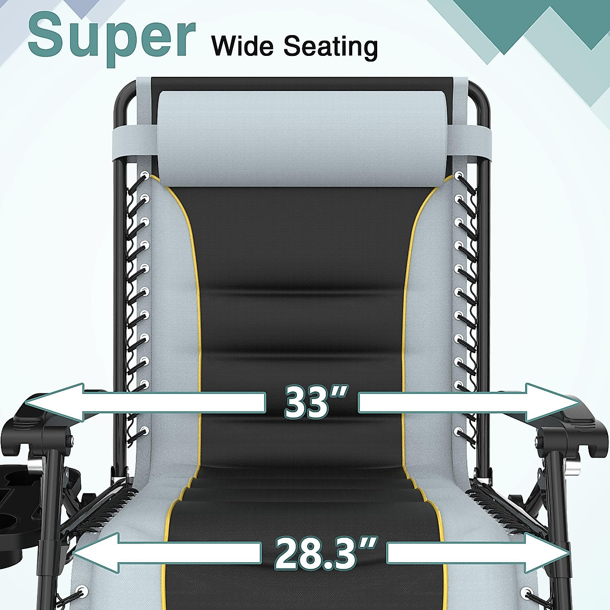 Slendor Oversized Padded Zero Gravity Chair, 33Inch XXL Reclining Camping Lounge Chair with Large Cup Holder & Footrest, Reclining Patio Chairs Folding Recliner for Outdoor Indoor, Gray