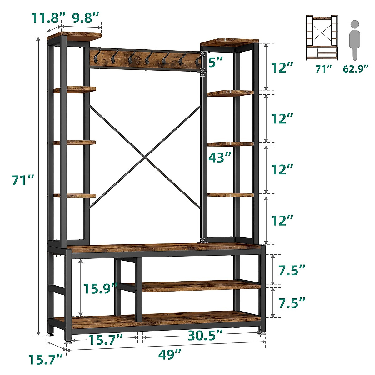 YITAHOME Entryway Hall Tree with Bench and Shoe Storage Shelves, 5-in-1 Coat Rack with Shoe Storage Bench, Industrial Mudroom Bench with Two Side Storage Shelves, for Hallway, Bedroom, Rustic Brown