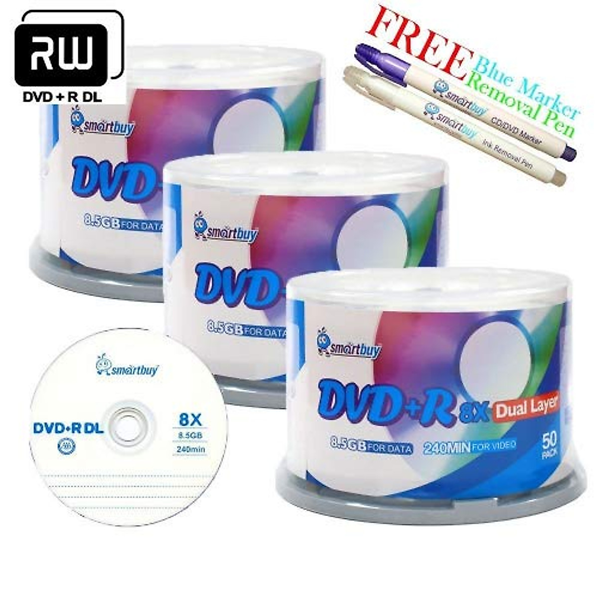 Smartbuy 150-disc 8.5GB/240min 8X DVD+R DL Logo Top Blank Media Record Disc + Black Permanent Marker