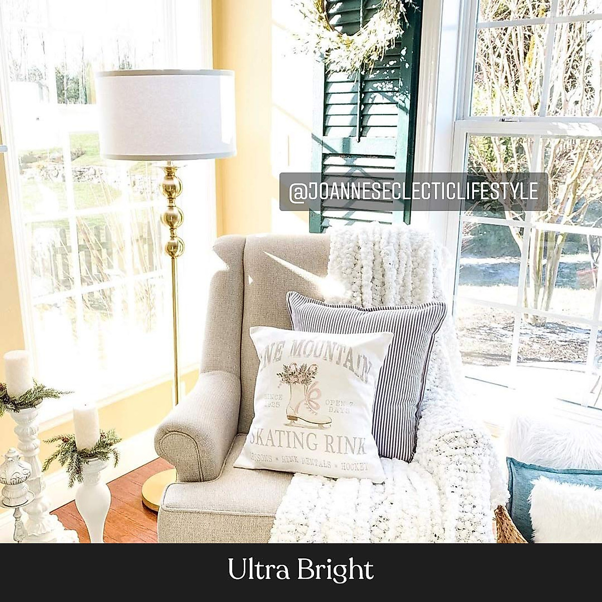 Brightech Riley LED Floor lamp, Boho Lamp for Living Rooms & Offices, Great Living Room Décor, Mid-Century Standing Lamp for Bedroom Reading, Tall Lamp with Drum Shade - Gold/Brass