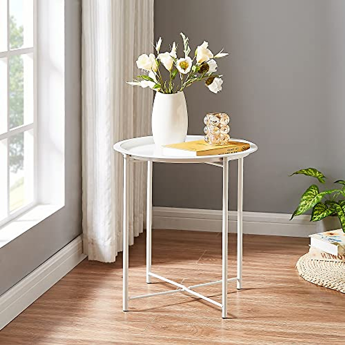 VECELO Modern End Side Tables,Round Metal Foldable Tray,Stable Snack Nightstand for Outdoors,Small Space,Living Room and Balcony, 18.5 in x 18.5 in x 19.7 in, Beige Set of 2