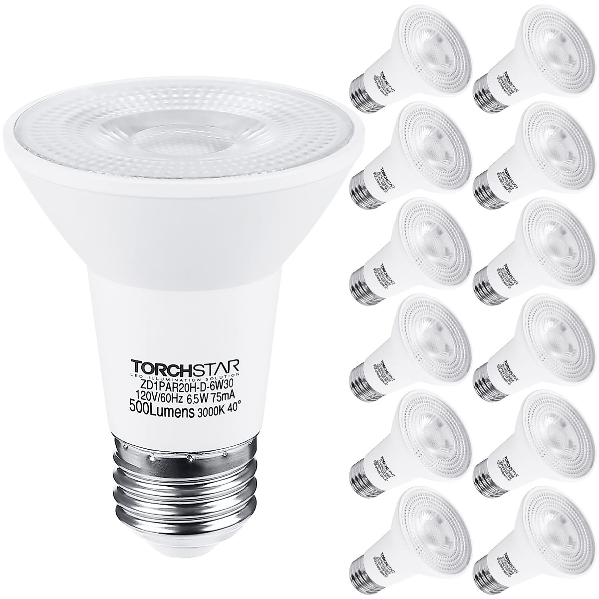 TORCHSTAR 12-Pack PAR20 LED Bulbs, CRI 90+ Dimmable 500 LM LED Spotlight Bulb, 3000K Warm White, UL & Energy Star Listed, 6.5W 50 Watt Equivalent, 40 Degree Beam Angle, E26 Medium Base