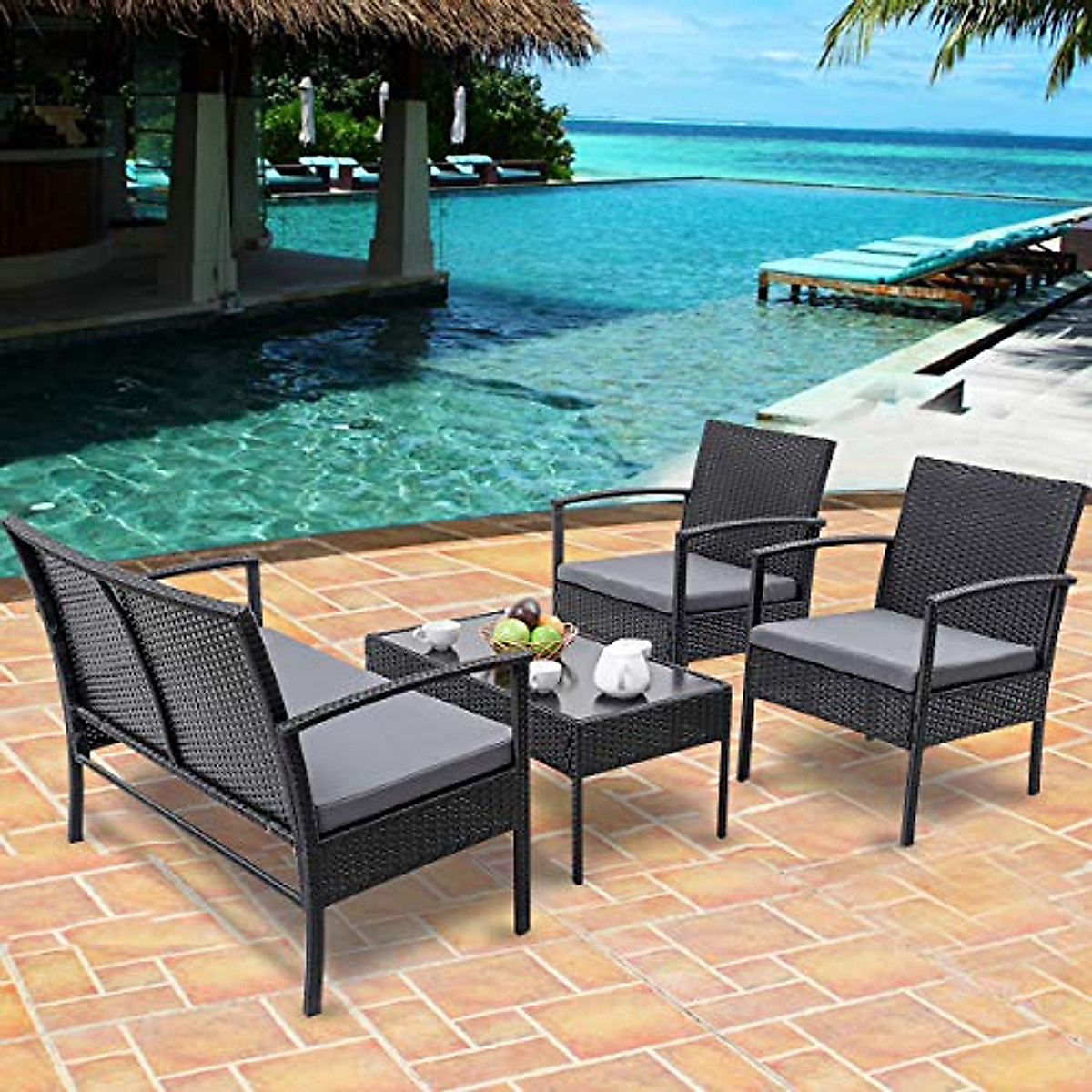 Casart Set of 4 Modern Wicker Rattan Conversation Set, Outdoor Patio Furniture Set for Yard, Garden and Poolside