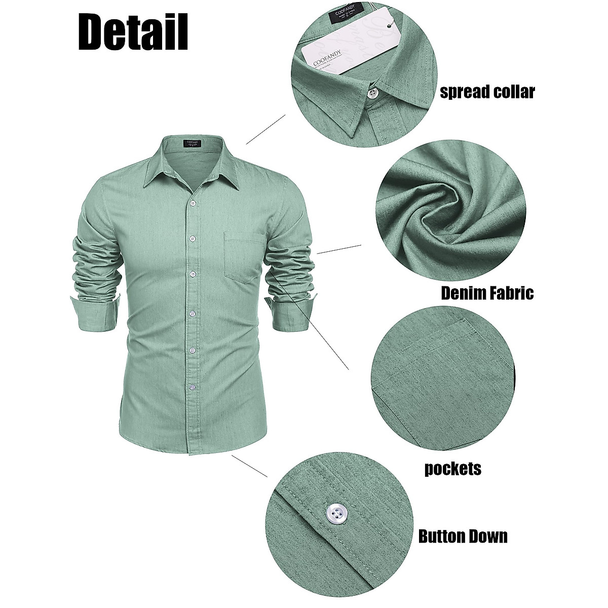 COOFANDY Mens Casual Dress Shirt Long Sleeve Button Down Shirts Untucked Shirts Slim Fit Light Green
