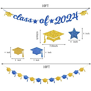 Navy-Blue White-Gold Party-Decorations Graduation Banner - 8pcs Kits Class of 2024 Cap Garland Streamers, Paper Tissue Pom Poms Flowers, Congratulations Grad Decor Lasting Surprise
