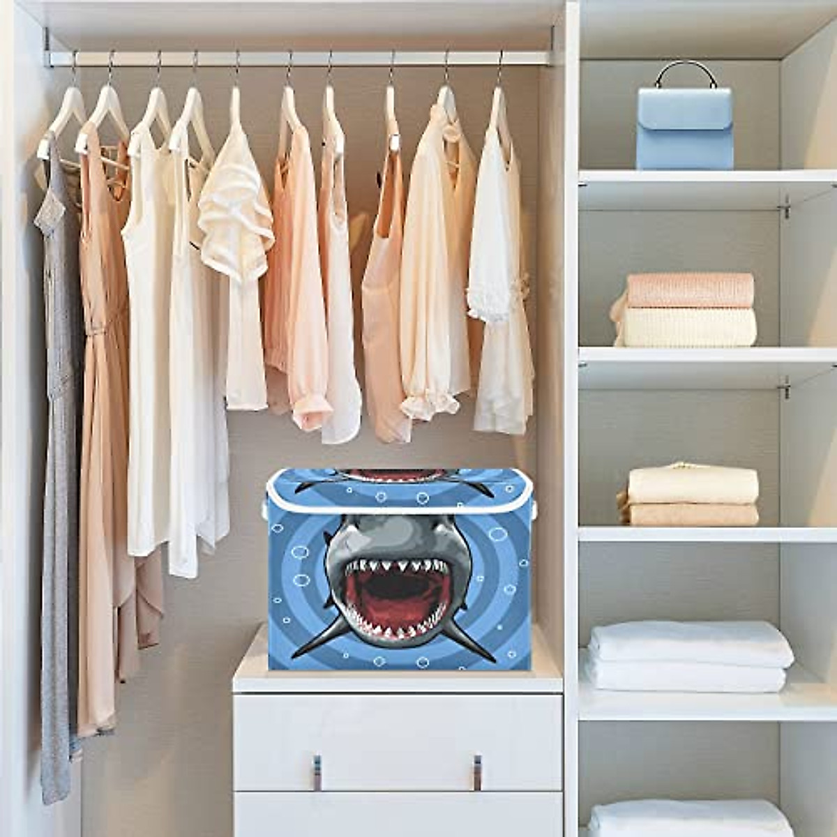 CaTaKu Sea White Shark Storage Bins with Lids and Handles, Fabric Large Storage Container Cube Basket with Lid Decorative Storage Boxes for Organizing Clothes