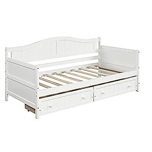 Sturdy Wood Twin Size Bed Frame Twin Wooden Daybed with 2 Drawers,?Sofa Bed for Bedroom Living Room,No Box Spring Needed,White