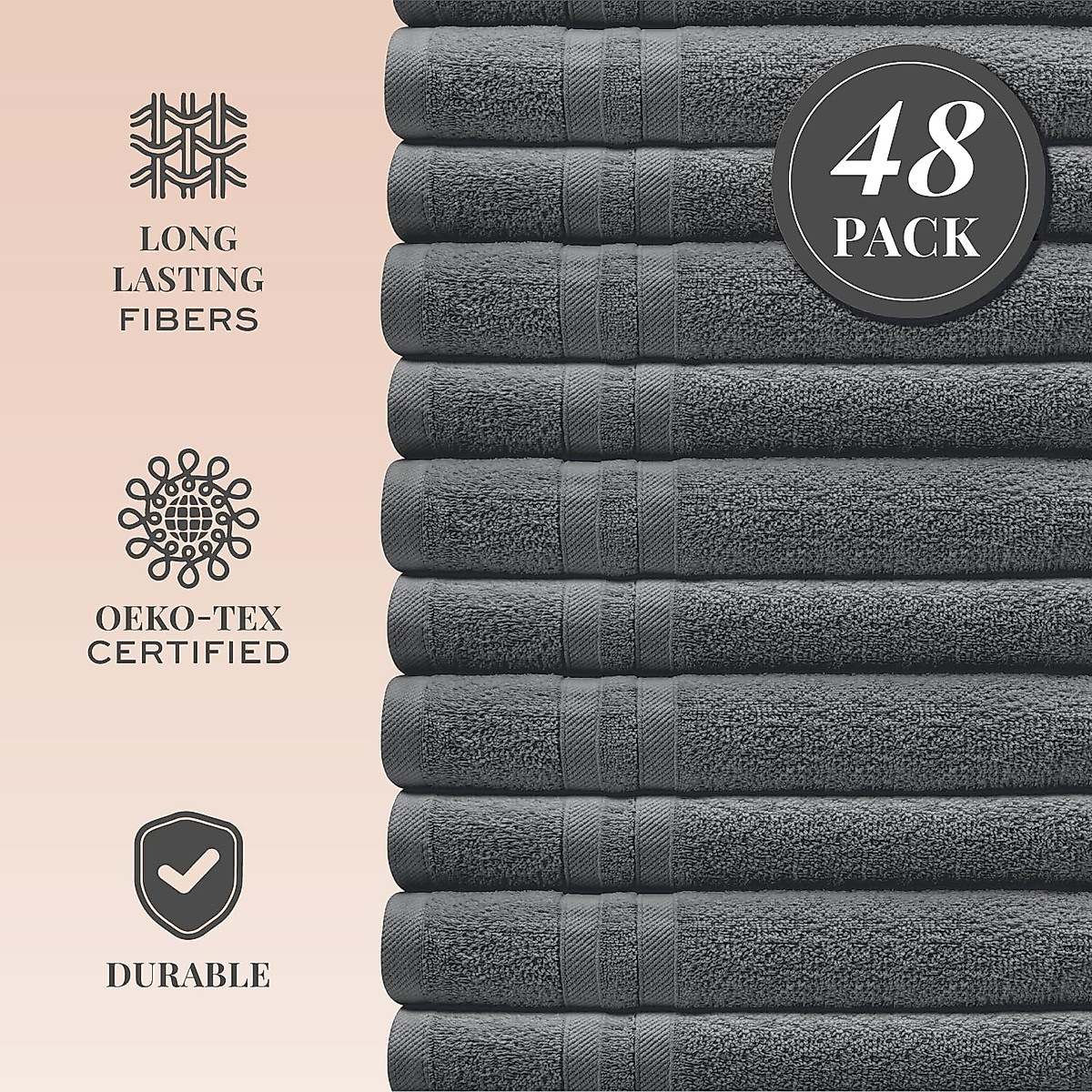 White Classic Wealuxe Grey Washcloths for Body and Face Towel, Cotton Wash Cloths Bulk 48 Pack, Wash Clothes 12x12 Inch, Soft Absorbent Gym Towels