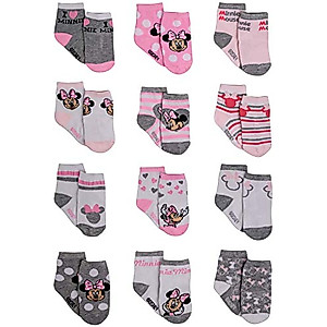 Disney Baby Girls Socks - 12 Pack Soft Newborn Baby Socks Character Prints - Cute Newborn and Infant Socks, 0-24M, Size 12-24 Months, Minnie Mouse Pink/Grey