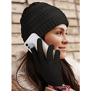 KUTTOR 6 Pieces Winter Knitted Beanie Hats Gloves Set Warm Cozy Skull Ski Cap Touchscreen Knitted Gloves for Women