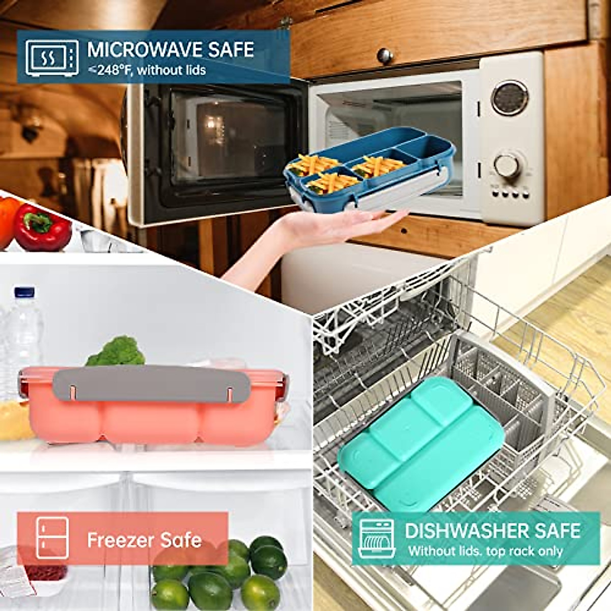 Bento Lunch Box for Kids,Bento Box Adult Lunch Box Containers,1300ML-4 Compartment Lunch Containers for Kids/Adults,with 7 Cake Cups 10 Food Picks,BPA-Free,Microwave Dishwasher Freezer Safe (Blue)