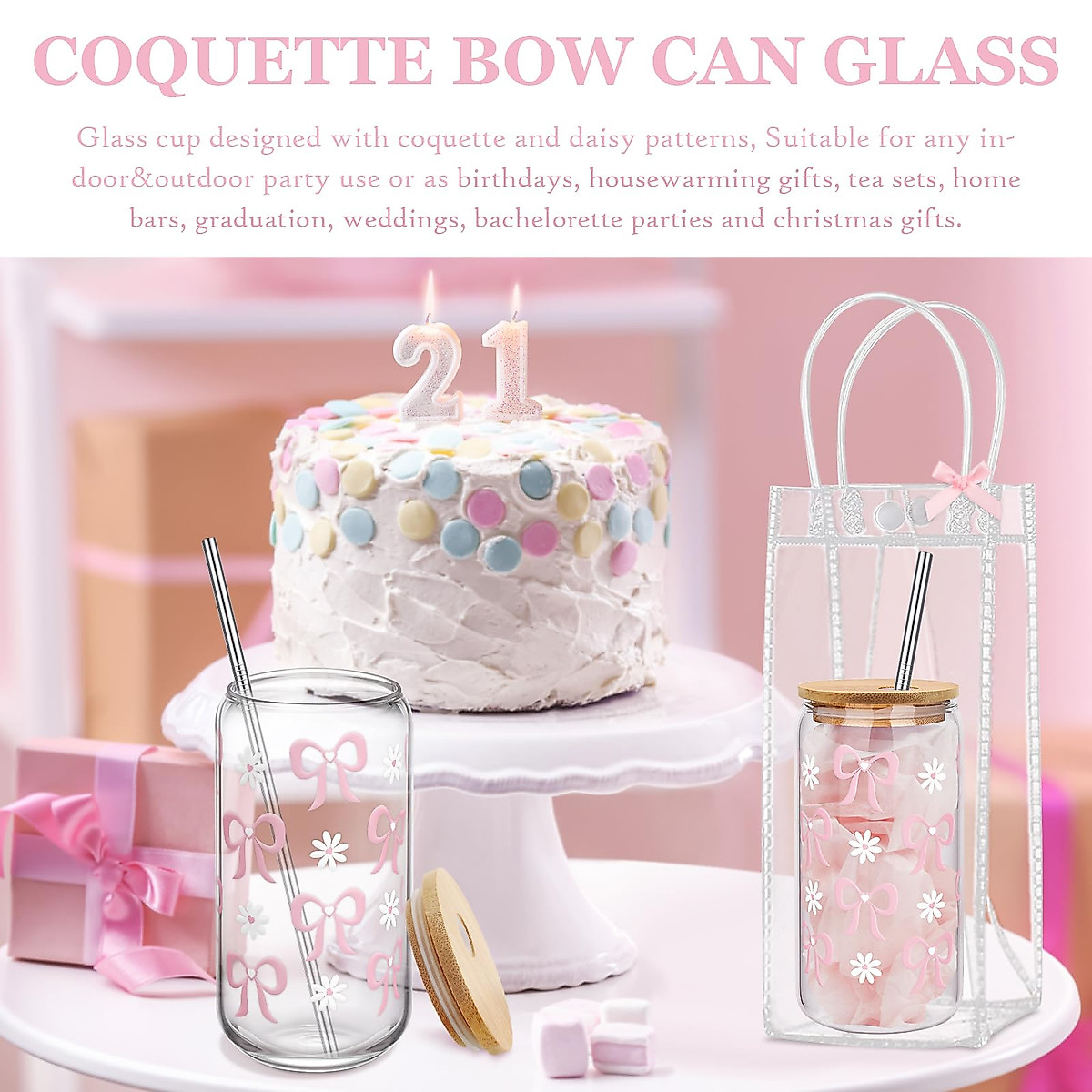 Coquette Bow Aesthetic Cup with Clear Gift Bag, Glass Cups with Lids and Straws, 16 oz Iced Coffee Smoothie, Beer Glass Cup Tumbler Trendy Glass Cup for Girls Bestfriend Sister Girlfriend (Pink Bow)