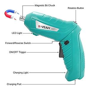 X-YEAH Small Electric Screwdriver, 3.7V Rechargeable Cordless Screwdriver with LED Light, Electric Screwdriver Kit Includes 45pcs Bit Set, USB Charging Cable, Carrying Case