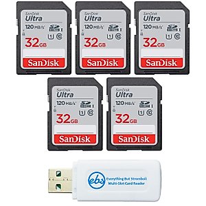 SanDisk SD Ultra 32GB Memory Card (5 Pack) Works with Bushnell Stealth P, Core, Stealth X Series Trail Camera (SDSDUN4-032G-GN6IN) Bundle with (1) Everything But Stromboli MicroSDHC & SD Card Reader