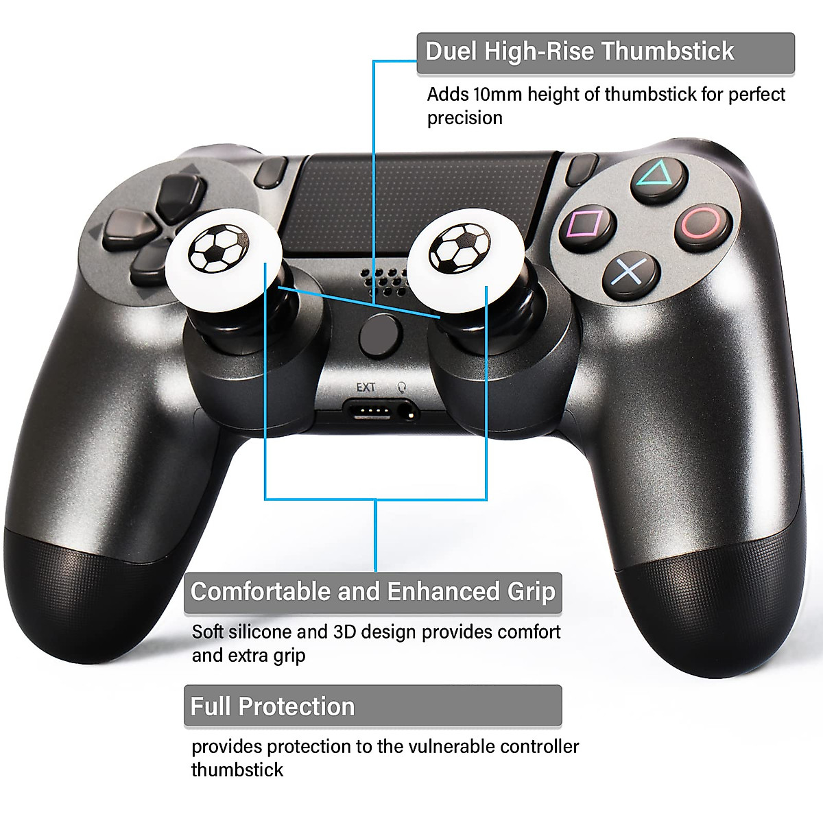 Playrealm FPS Thumbstick Extender & Printing Rubber Silicone Grip Cover 2 Sets for PS5 Dualsenese & PS4 Controller (Soccer)