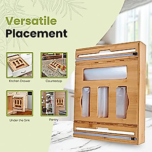 Jema Pearl Ziplock Bag Organizer Aluminum Foil and Plastic Wrap Dispenser with Cutter, 6 In 1 Baggie Organizer for Drawer Bundle with Paper Towel Holder