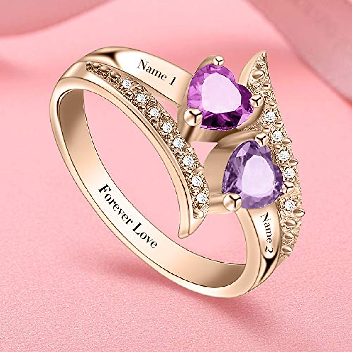 BAUMA Personalized Mothers Rings with 2 Simulated Birthstones Promise Rings Womens Meaningful Engagement Rings Promise Name Rings for Her Mom Ring Gift