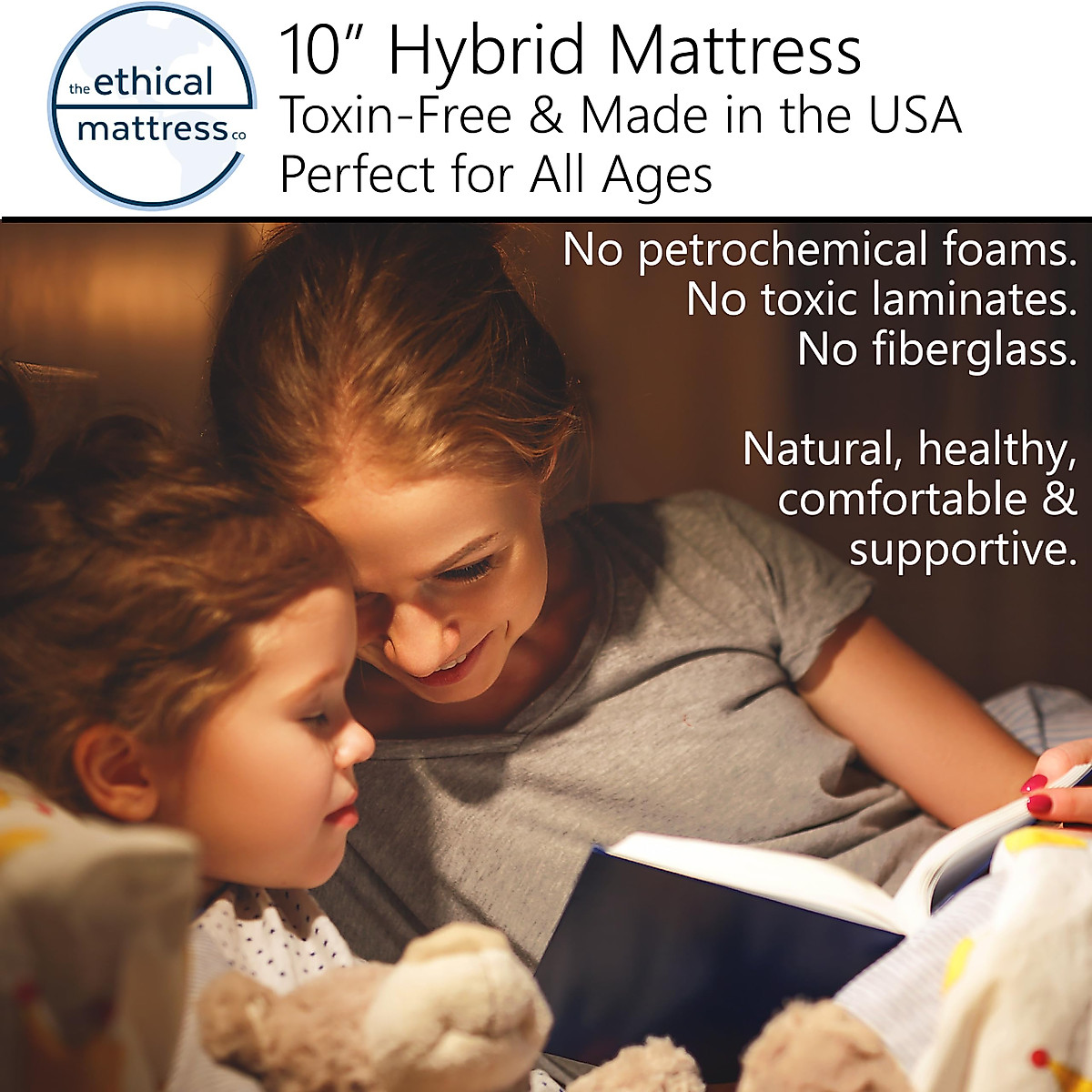 Ethical Mattress CO 10" Toxin-Free Hybrid Mattress, Made in USA with Organic Cotton, Wool, Latex & Pocketed Coils (Mattress-in-a-Box) Comfortable & Supportive for All Ages - Queen Size