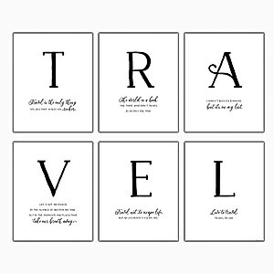 Stamp My Passport TRAVEL Wall Decor - Travel Quotes Wall Art - 6 Piece 8x10 Adventure Awaits Wall Decor (Travel is the Only Thing You Buy That Makes You Richer) Unframed Black and White Wall Art