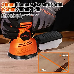 TOPSHAK Random Orbit Sander, 240W Palm Sander with 20pcs Sanding Paper, 6 Variable Speed Electric Orbit Sanders, 5 Inches Hand Sander Tool，Sanders for Woodworking, Sanding, Detailing, Finishing…
