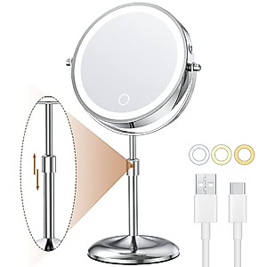 Anfauny Height Adjustable Makeup Mirror with Lights, 7" Double Sided 1X 10X Magnification Lighted Makeup Mirror, 3 Color LED Dimmable, Rechargeable Cordless Tabletop Light Up Mirror, Women Gift