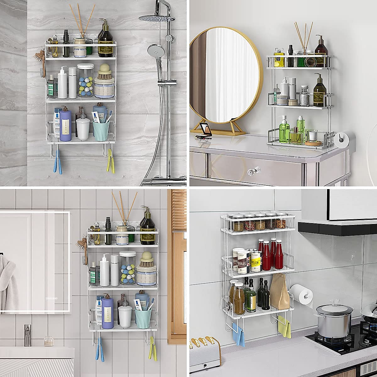 FLOLXNB Over The Toilet Storage,3-Tier Bathroom Organizer Shelves with Paper Holder, Multifunctional Toilet Rack,No Drilling Storage Shelf, Home Storage Space Saver Wall Mounting Design,White