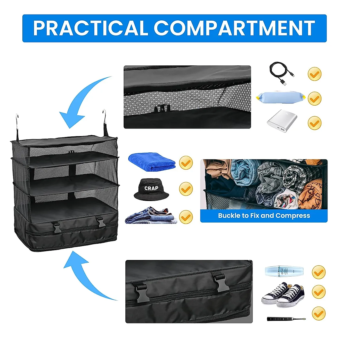 YCWIWO Travel Hanging Shelves, Hanging Packing Cubes for Travel, Luggage Storage Organizer, Carry-On Closet for Suitcase