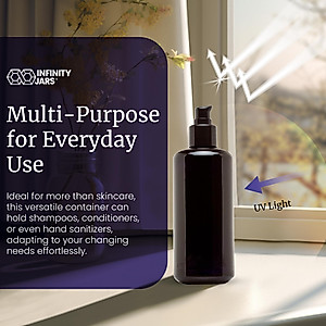 Infinity Jars Ultraviolet Glass Push Pump Bottle 200 Ml (6.8 fl oz) Refillable Containers for Lotion Homemade Cosmetics Make-up Skin Care Cream, Lotion, Shampoo, Conditioner Dispenser Bottles