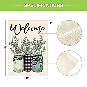 AVOIN colorlife Eucalyptus Mason Jar Spring Summer Garden Flag 12x18 Inch Double Sided Outside, Buffalo Plaid Welcome Yard Outdoor Flag