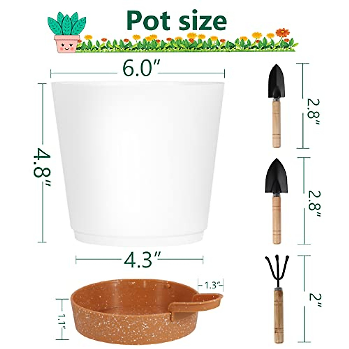 Ocakuiter Plant Pots, 5 Pack 6 Inch Self Watering Planters , Plastic Flower Pots with Drainage Hole, Succulents,Snake Plant, African Violet, and Cactus for Indoor Windowsill Garden Flower Plants