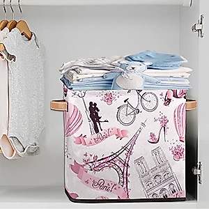 AUUXVA Valentine Paris Eiffel Tower Storage Basket for Closet, Romantic City Love Storage Bins with Handles, Foldable Storage Cube Boxes for Toys Shelves Pantry Nursery Organizing
