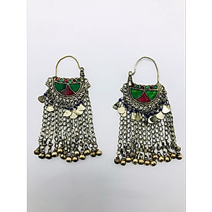 Red and Green Oversized Bells Chaandbaliyaan, Massive Kuchi Boho Earrings With Long Bells, Traditional Afghani Earrings, Vintage Jewelry