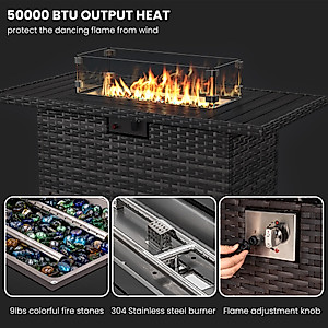 UDPATIO Patio Furniture Sets with Fire Pit Table, Modular Rattan Outdoor Conversation Patio Sectional Furniture Sofa Set for Backyard, Deck w/Coffee Table, 8PC Brown/Red (Include Sofa Cover)